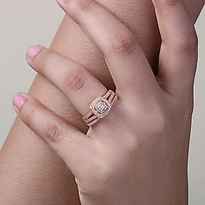 DZON Sterling Silver with Rose Gold Plating 1/4CT TDW Round Diamond Split Shank Cushion Cluster Halo Wedding Ring Sets Love Gift for Women (I-J,I2)