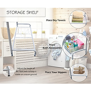 VSUINGO Freestanding Towel Rack, 32" L x 37.8" H for Oversized Bath Towels, Hand Towels Stand, Adjustable Height, 3-Tier Clothes Drying Holder with Storage Shelf for Bathroom, Aisle, Pool (White)