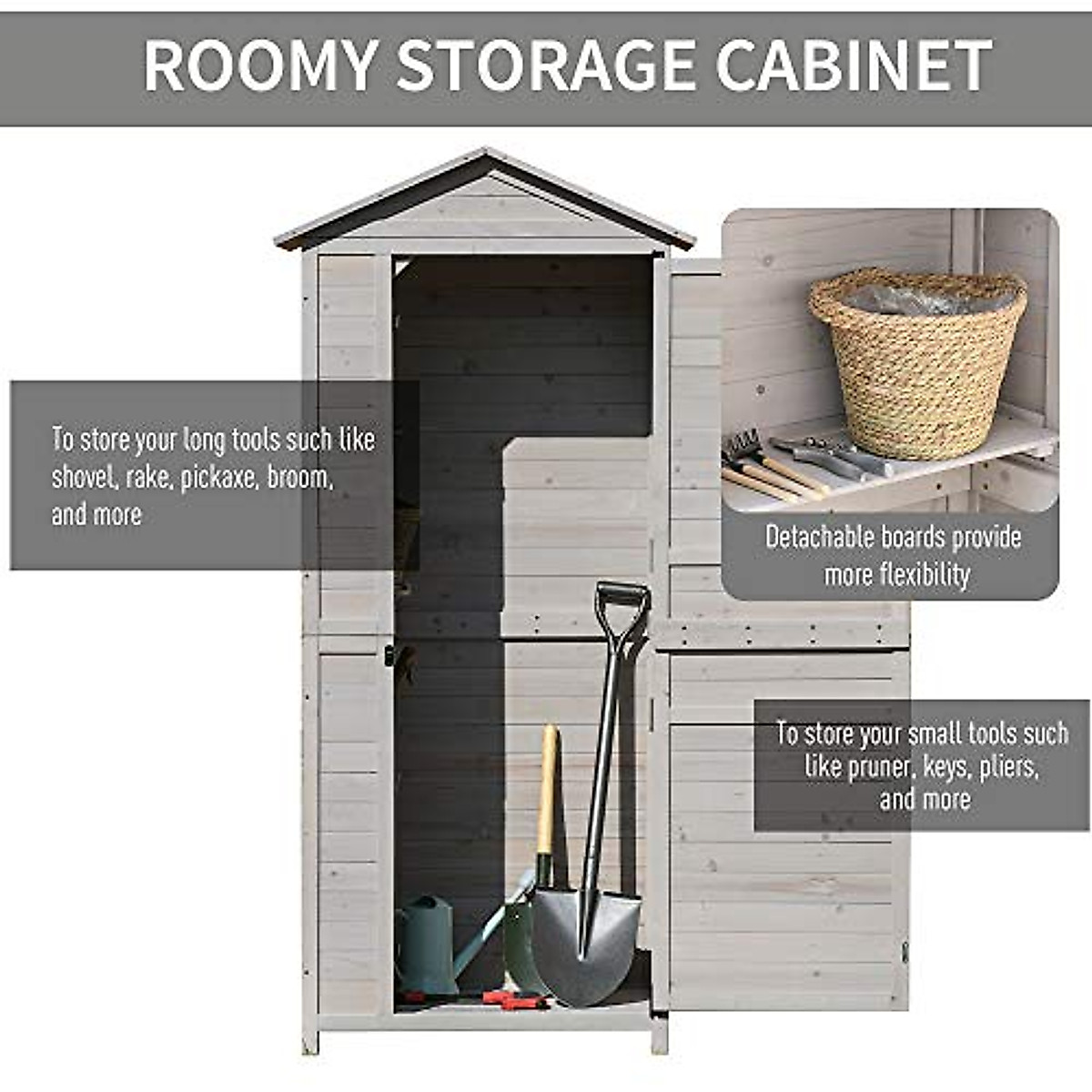 Outsunny 36" x 25" x 79" Wooden Storage Shed Cabinet, Outdoor Tool Shed Organizer with 4-Tier, 3 Shelves with Handle Tin Roof Magnetic Latch Foot Pad, Light Grey