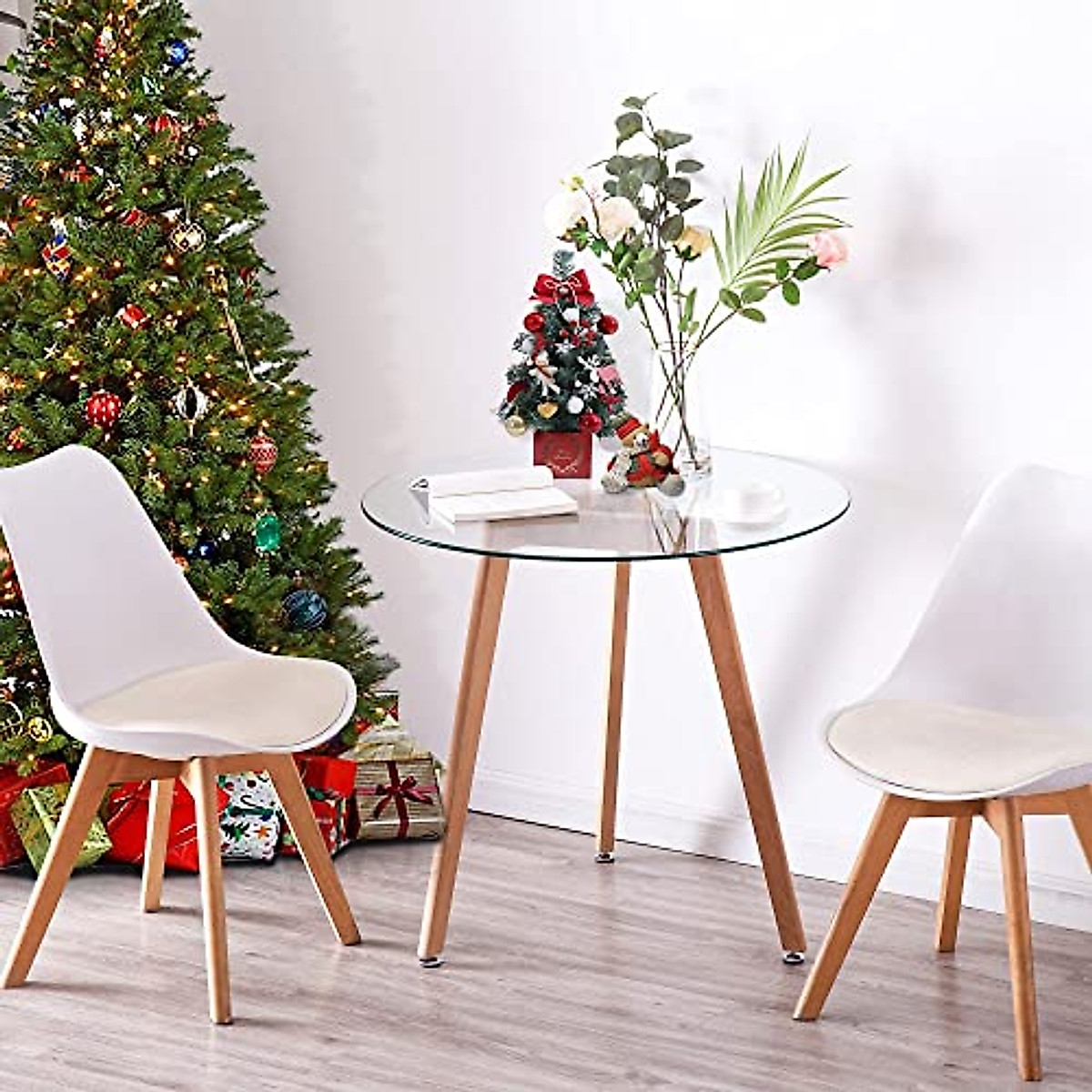 Ivinta Round Glass Dining Table, Modern Leisure Table with Wood Legs for Kitchen Dining Room Living Room, Accent Table Small Tea Table for 2, Space Saving, 31.5 inch