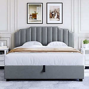 DWVO Full Size Lift Up Storage Bed Frame with Adjustable Upholstered Platform Headboard, Sturdy Wood Slats & Metal Base Support, Noise-Free No Box Spring Needed, Fast Assembly, Velvet, Grey