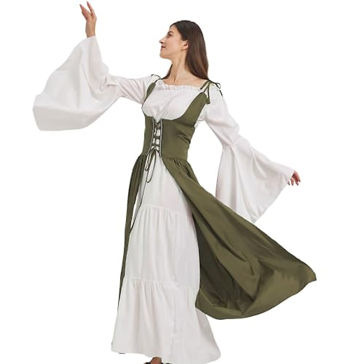 Vianinfalo Renaissance Dress Women Irish Medieval Pirate Costume Ren Faire Dresses Halloween Costume (Olive S/M)