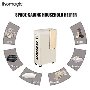 IHOMAGIC 62L Laundry Baskets on Wheels – Decorative Foldable Laundry Hamper with Removable Mesh Laundry Bags, Large Corner Storage Bins Handles for Storing Bedroom Clothes (Beige)