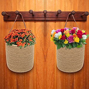 YOUEON Set of 2 Jute Hanging Basket 7.8" x 6.7", Wall Hanging Planter Baskets, Jute Woven Hanging Storage Baskets, Small Woven Baskets for Sunglasses Wallet Keys Flower Plants Towels Toys