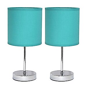 Simple Designs LT2007-BLU-2PK Chrome Mini Basic Table Lamp with Fabric Shade 2 Pack Set, Blue Turquoise
