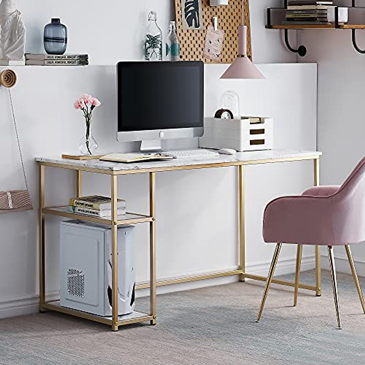 ivinta Computer Desk with Shelves, Office Desk for Living Room,Small Desk with Storage Space, Home Office Desks, Vanity Desk with Gold Legs PC Laptop Table (White, 55")