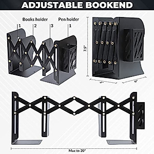 Auxu Adjustable Desk Storage Bookends with Pen Stand Holder – 2-in-1 Bookend and Pen Stand – Telescopic Design – Expands Up to 20” – Multipurpose and Versatile – Desktop Accessory
