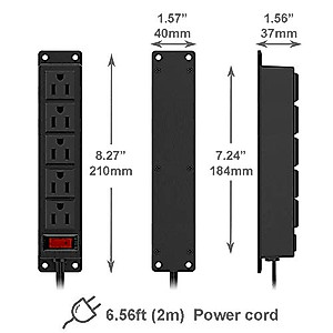 Mountable Power Strip Wall Mount Power Outlets Screw Down Power Socket in Desk Under Cabinet Power Station 5AC Outlet 6.56 Feet Extension Cord, On&Off Switch Black