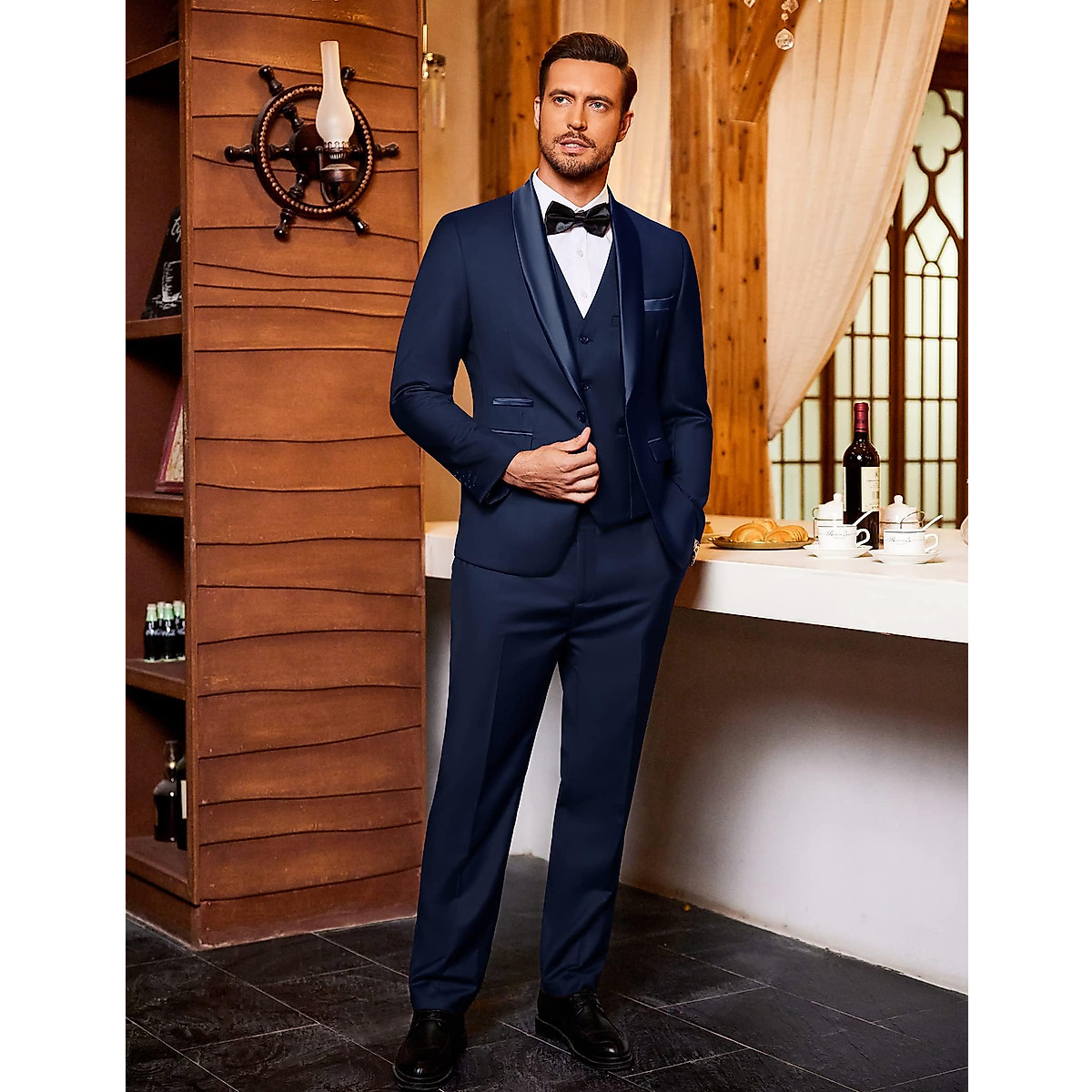 COOFANDY Mens 3-Piece Suit Slim Fit Tuxedo Set Dinner Suit Dinner Jacket Navy Blue XXL