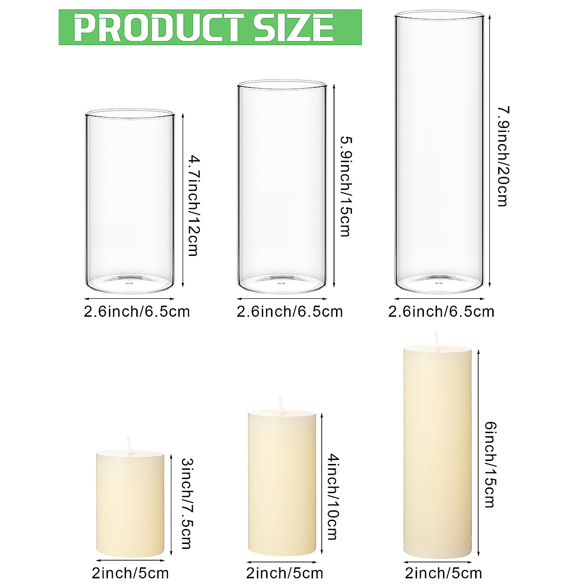 Shihanee Set of 3 Ivory White Pillar Candles and 3 Glass Cylinder Candle Holders for Slim Candles Wedding Halloween Thanksgiving Day Christmas Centerpieces, 2.6'' x 4.7'', 5.9'', 7.9''