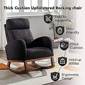 NIOIIKIT Nursery Rocking Chair, Upholstered Glider Chair for Nursery, Accent Rocker Chair with Tall Back & Side Pockets, Modern Leisure Single Arm Chair for Living Room, Bedroom (Black)