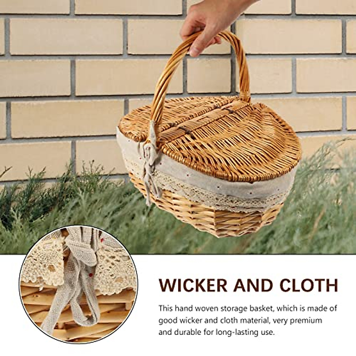BESTonZON Wicker Storage Basket Wicker Picnic Basket with Gingham Liner Wooden Lid Easter Egg and Candy Basket Wine Basket Storage Basket for Beach Camping Park Outdoor Party Beige Storage Baskets