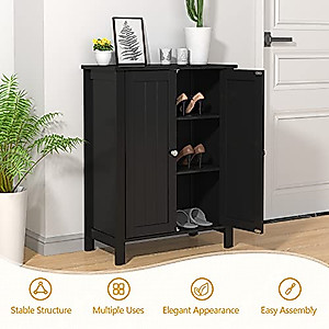 GOFLAME Bathroom Floor Cabinet, Freestanding Storage Organizer Cabinet with 3-Tier Adjustable Shelf and Double Doors, Wooden Side Storage Cabinet for Bathroom, Living Room, Kitchen, Black