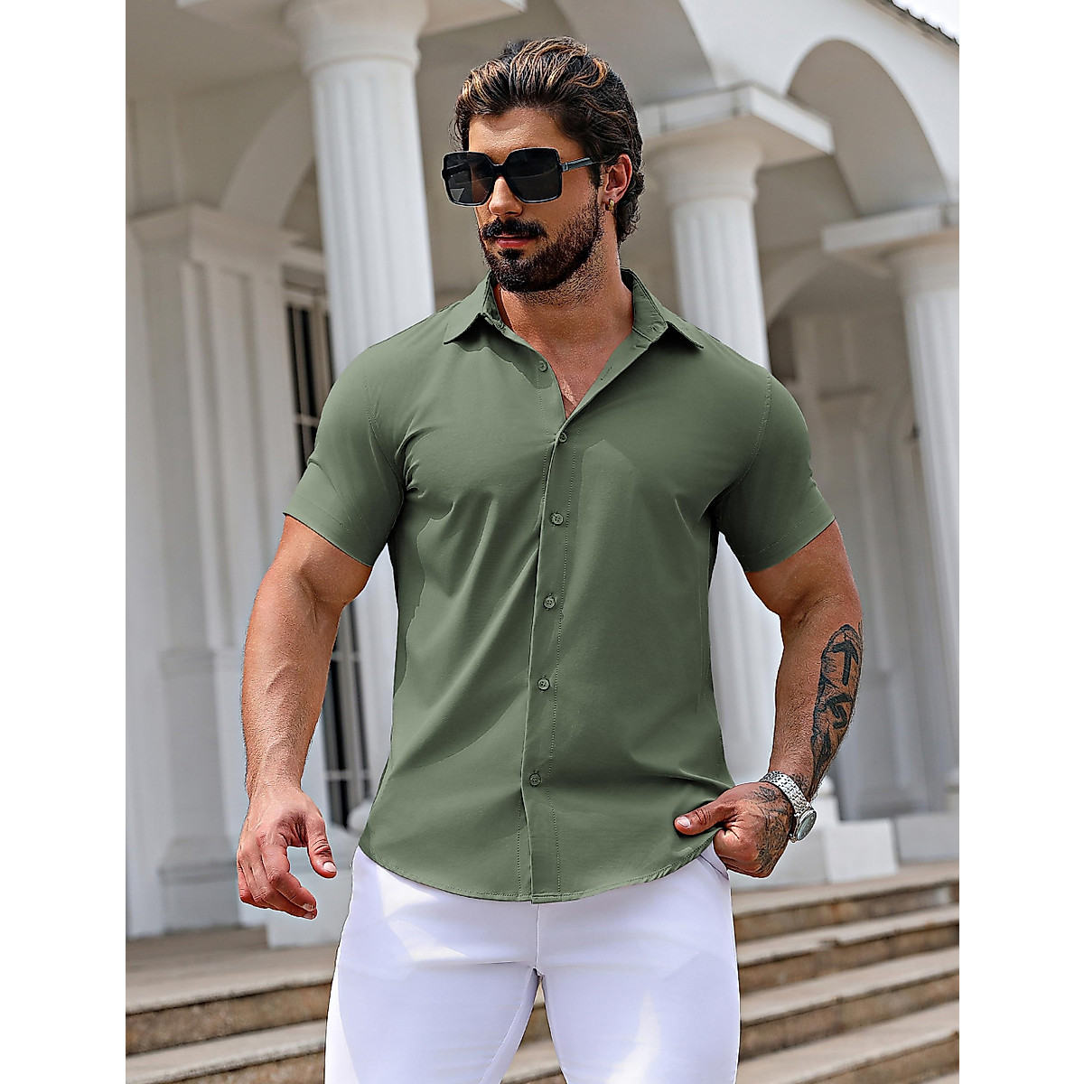 URRU Men's Muscle Dress Shirts Slim Fit Stretch Short Sleeve Casual Button Down Shirts for Men Army Green L