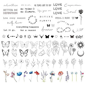 Realistic Temporary Tattoo - 86 Sheets Tiny Small Fake Tattoos, 24 Pcs Inspirational Quotes Words Fake Tattoo, 62 Pcs Long Lasting Wild Flower Floral Bouquet Leaf Adult Fake Tattoos Stickers