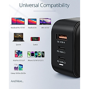 TWOPAN 65W USB C Charger Block, 3-Port Foldable GaN Fast Charger for iPhone 16/15/14, Vision Pro, MacBook, iPad, XPS, Switch, Steam Deck, Galaxy S24/25, Pixel