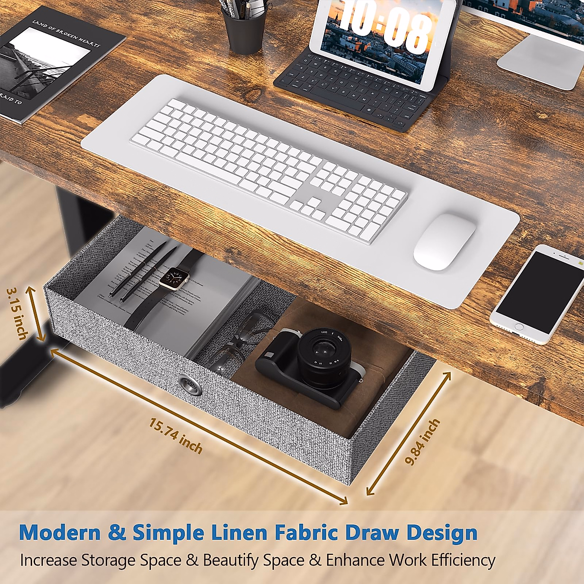 DUMOS 55 Inch Electric, Ergonomic Sit Stand Drawers, Home Office Height Adjustable Desk Computer Workstation, 23.62"D x 55.12"W x 28.74"H, Rustic Brown