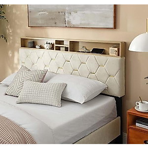 Gee Wuo Queen Size Upholstered Platform Bed, Platform Bed Frame with Outlets and USB Ports, Modern Upholstered Storage Headboard, Solid Wood Legs, No Box Spring Bed for Bedroom (Beige, Queen)
