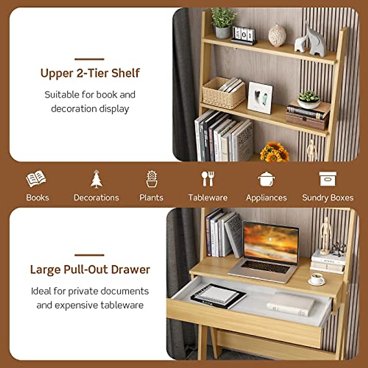 Tangkula Ladder Desk with Countertop & Drawer, Freestanding 2-Tier Ladder Shelf Desk, Modern Computer Desk Laptop Table with Storage Bookshelf, Anti-Toppling Device (Natural)