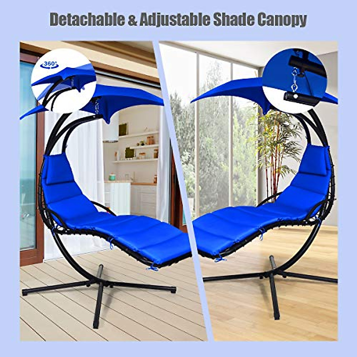 Safstar Hanging Chaise Lounger with Removable Canopy, Patio Swing Chair and Stand with Cushion & Built-in Pillow, Hanging Arc Chaise Hammock for Backyard Garden Patio Poolside (Navy Blue)