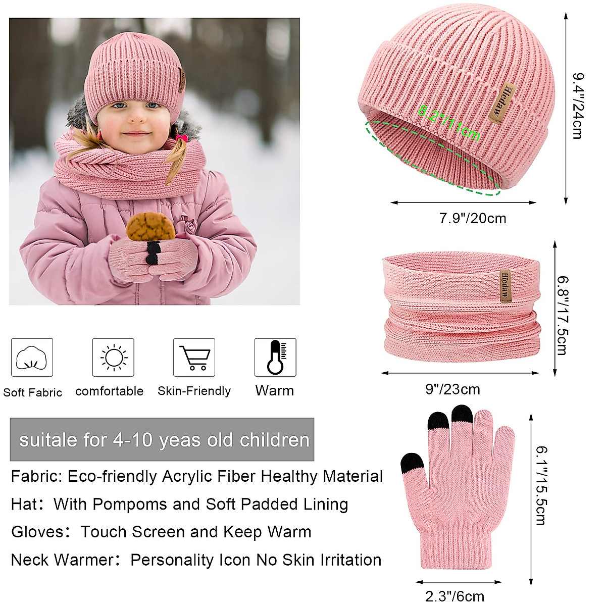 Hicdaw 3PCS Kids Winter Hat Glove Scarf Sets, Toddler Gloves Neck Warmer Baby Winter Hat Toddler Gloves Scarf Set for Boys Girls, Pink
