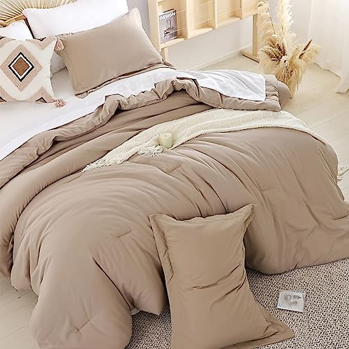 weigelia California King Comforter Set Boho Taupe Cal King Bed Set 7 Pieces Comforter Set with Sheets Solid Lightweight Bed Comforter Microfiber Cal King Bedding Set Soft All Season for Women Men