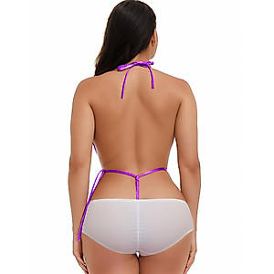 EVAbaby Sexy Mini Monokini Swimwear for Women PU Leather One-Piece Halter Extreme Micro Bikini Teddy Lingerie Open Front Slutty Swims Purple
