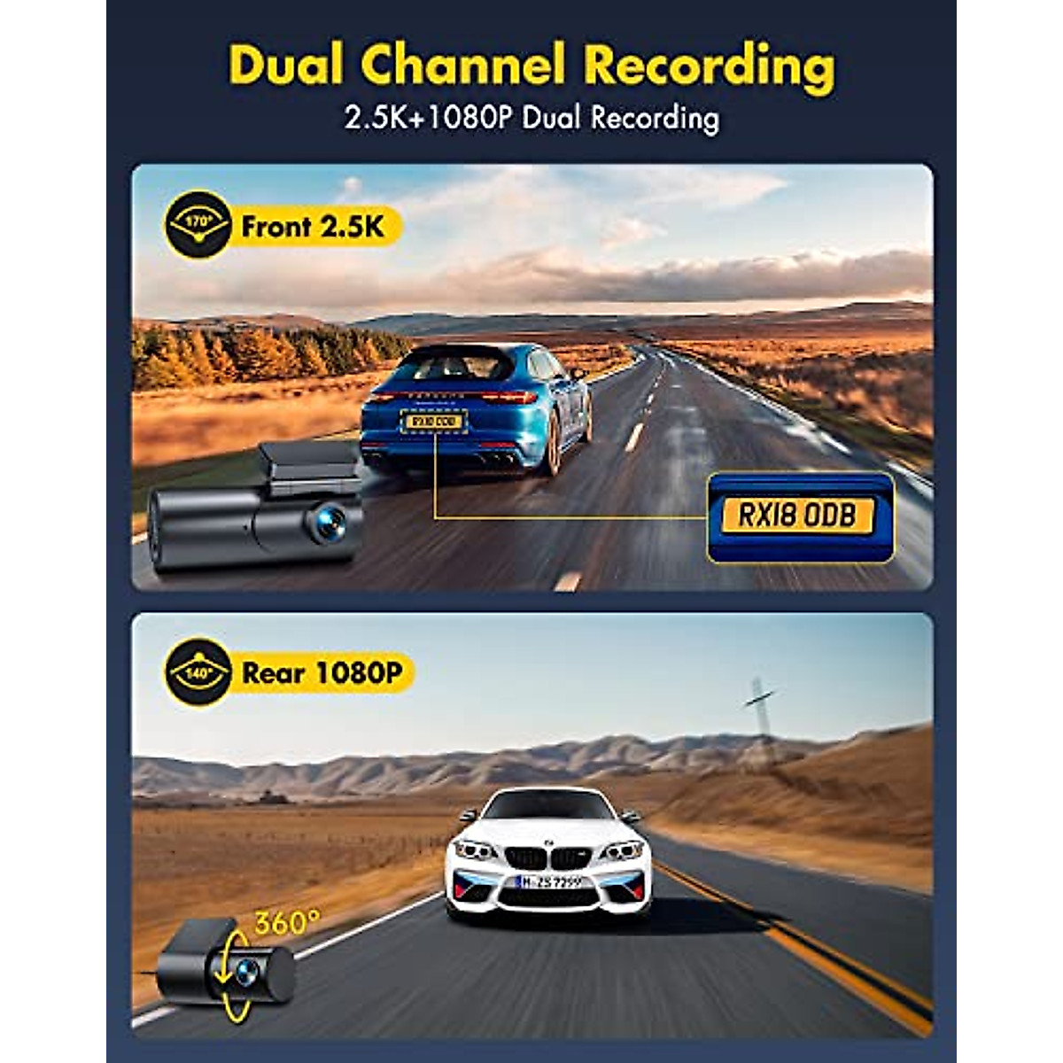 Dash Cam Front and Rear Camera, 4K/2.5K Full Dashcams for Cars with 64GB SD Card, WiFi & App Control, Night Vision, Parking Mode, G-Sensor, Loop Recording,WDR,170° Wide Angle