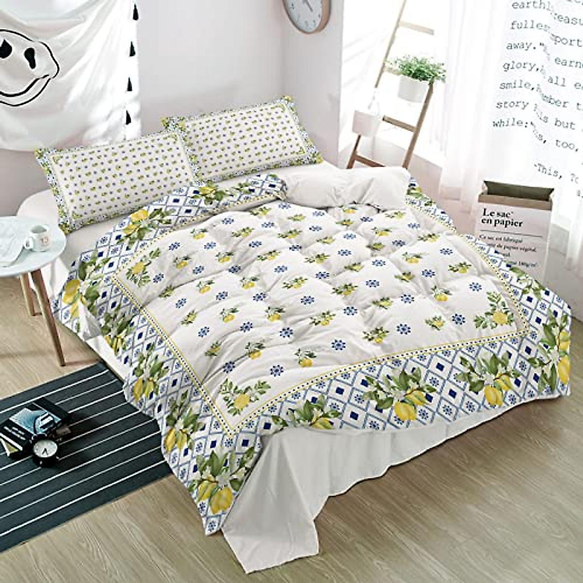 3 Pieces Duvet Cover California King Bedding Sets Summer Lemon Flower and Leaves Luxury Soft Comforter Cover with Pillowcases Retro Tile Lattice on White Microfiber Quilt Covers Set for Bedroom Decor
