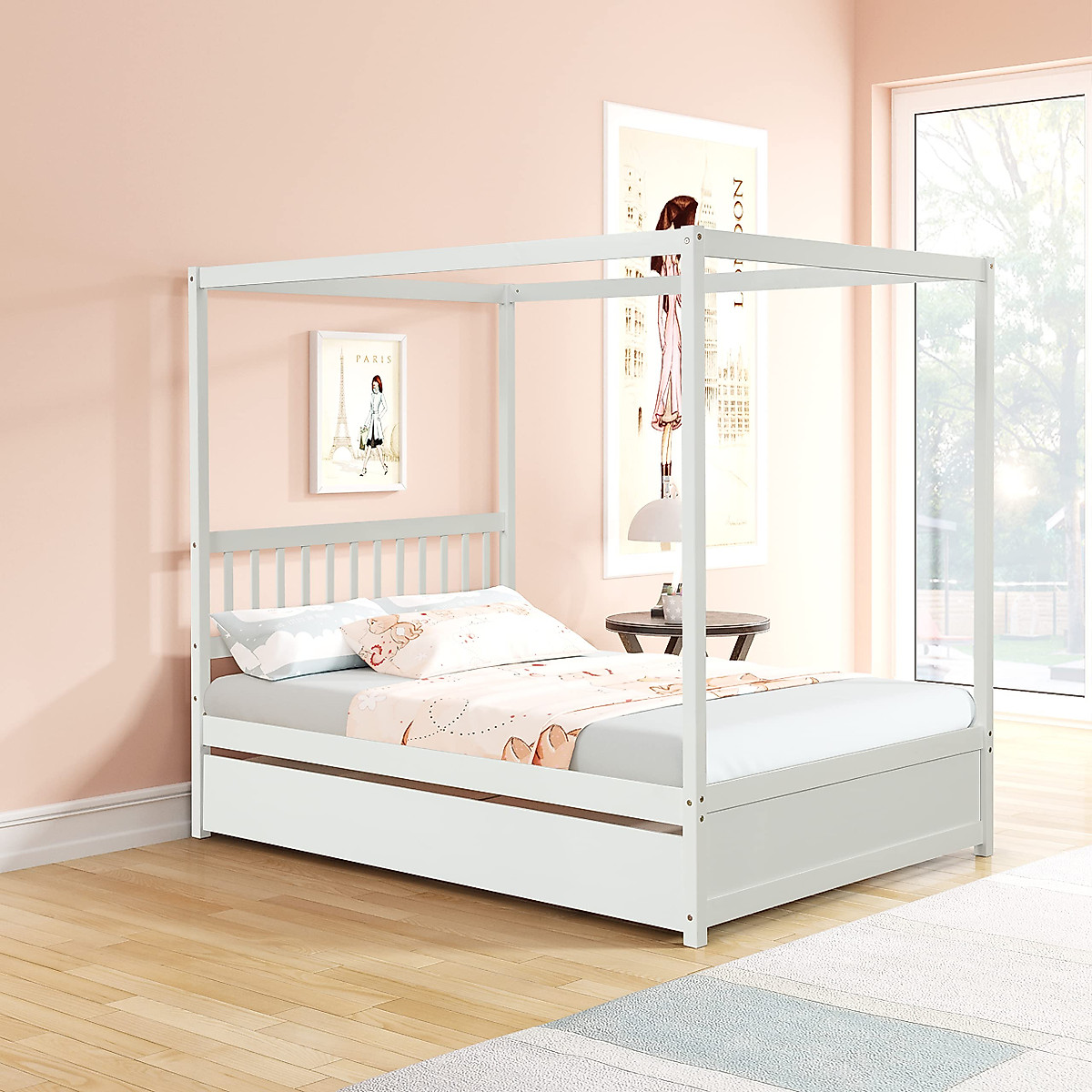 Bellemave Full Size Canopy Bed with Twin Trundle, Platform Bed with Headboard for Bedroom Guestroom Small Room, Solid Wood Bed Frame with Support Slats, Easy Assembly, No Box Spring Needed (White)