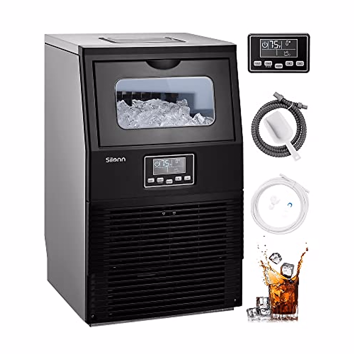 Silonn Commercial Ice Maker Machine, 90LBS/24H with 30lbs Bin, Full Heavy Duty Stainless Steel Construction, Self-Cleaning, Clear Cube for Home Bar, Include Scoop, Connection Hose