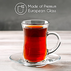 Volarium Small Turkish Tea Set 12 Piece Modern Turkish Tea Glasses & Saucers Set, 6 PCs 4.9 oz (145 cc) Clear Glass Tea Cups with Handle and 6PCs Glass Saucers