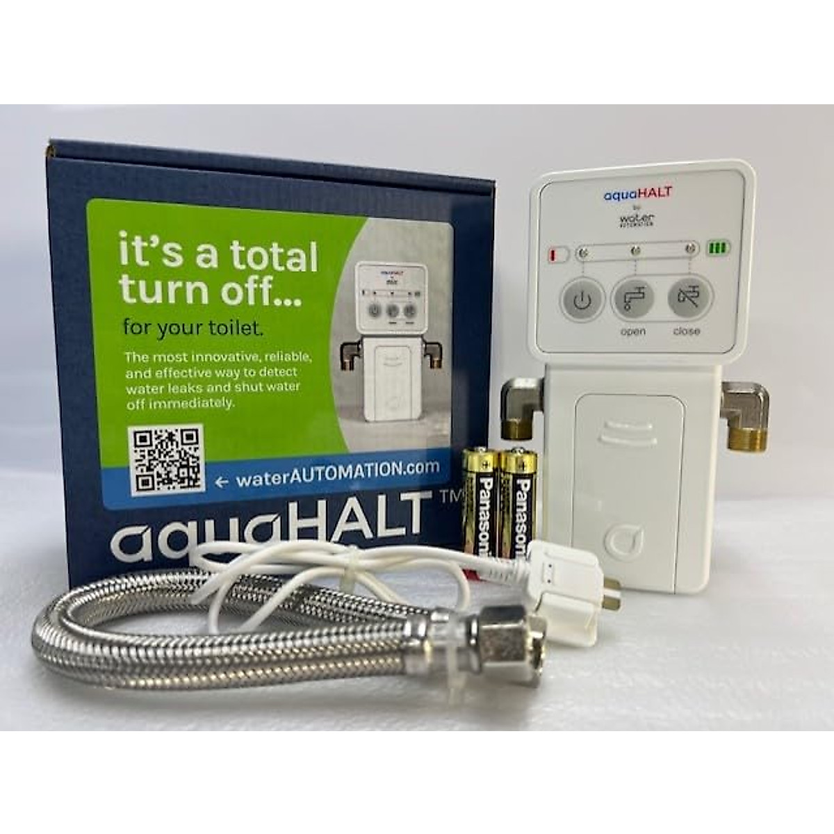 aquaHALT Smart Water Toilet Leak Detector Alarm and Automatic Shut Off Valve - Water Sensor Alarm Shut Off Tool - Easy Installation - Battery Operated - Protect Your Home from Water Damage