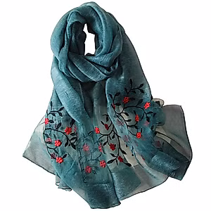 Alysee Women Soft Warm Silk&Wool Mixed Embroidered Scarf Shawl Headwrap Cyan