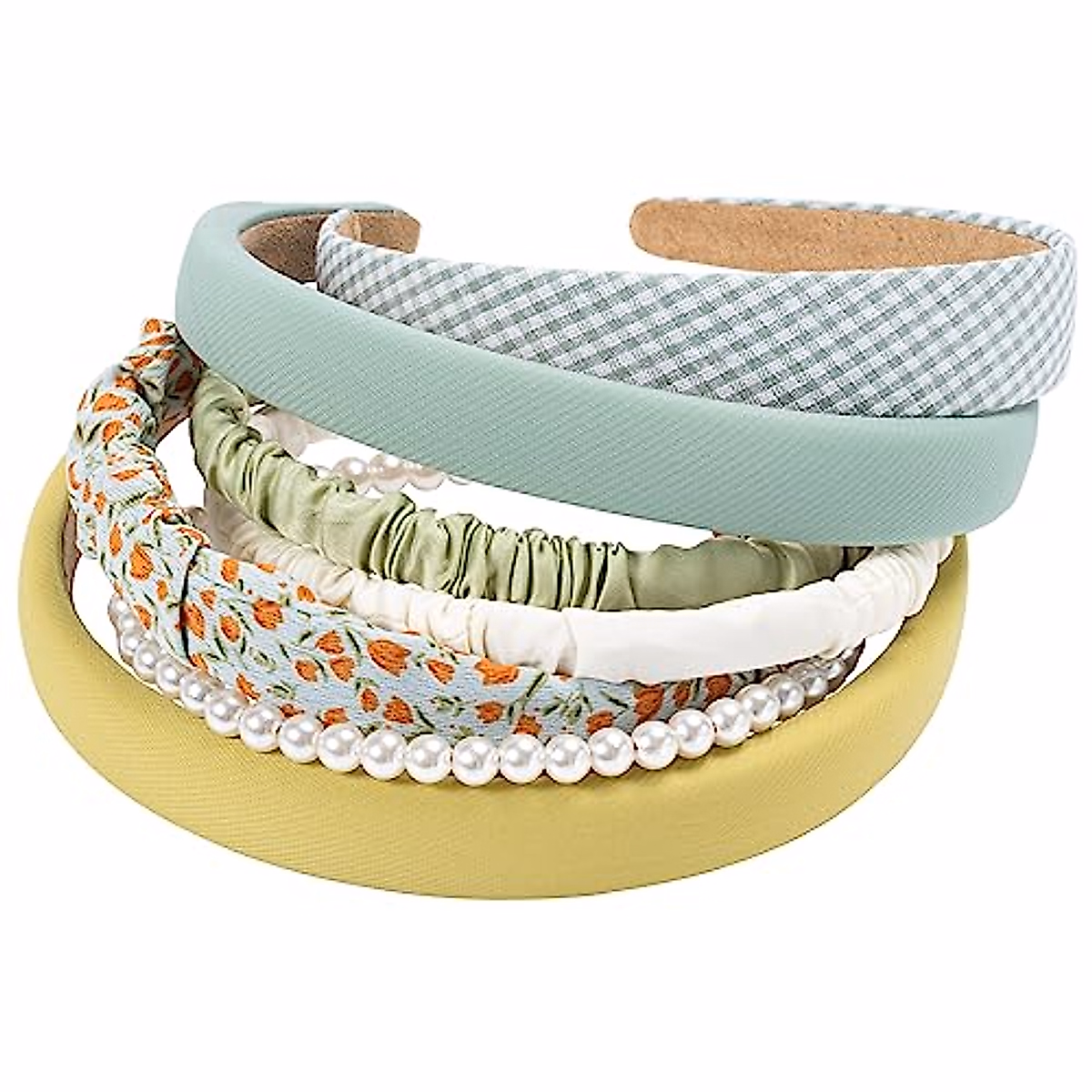 7pcs Fashion Headbands for Women, Wide Floral Headbands for Girls, Pearl Headband Non Slip Head Bands for Women's Hair Accessories (Green)