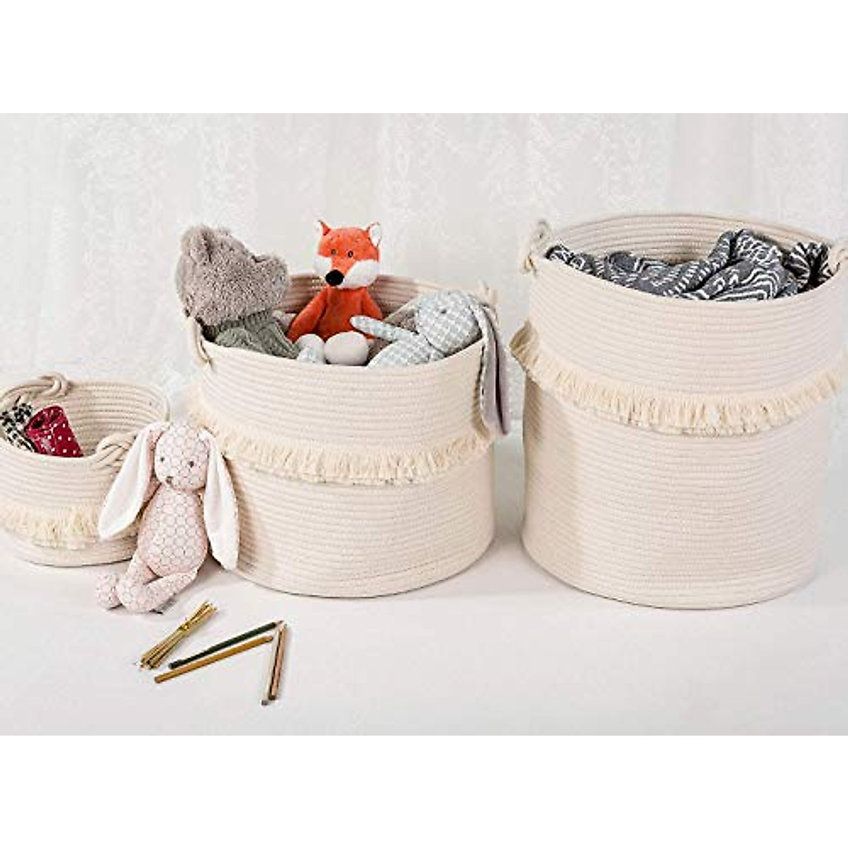Woven Storage Baskets Cotton Rope Decorative Hamper for Nursery, Toys, Blankets, and Laundry, Cute Tassel Nursery Decor - Home Storage Container