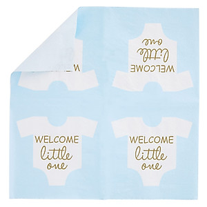 BLUE PANDA 100-Pack “Welcome Little One” Baby Shower Napkins for Boys - Gold Foil Gender Reveal Decorations - Light Blue (5x5 In) - Welcome Little One Napkins - Baby Boy Napkins