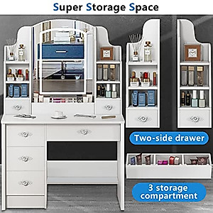 BJYXO Vanity Desk with Lighted Mirror with 3 Color Light Options Adjustable Brightness, Makeup Vanity Table 6 Storage Shelves, 6 Large Drawers, Vanity Set for Girls Women