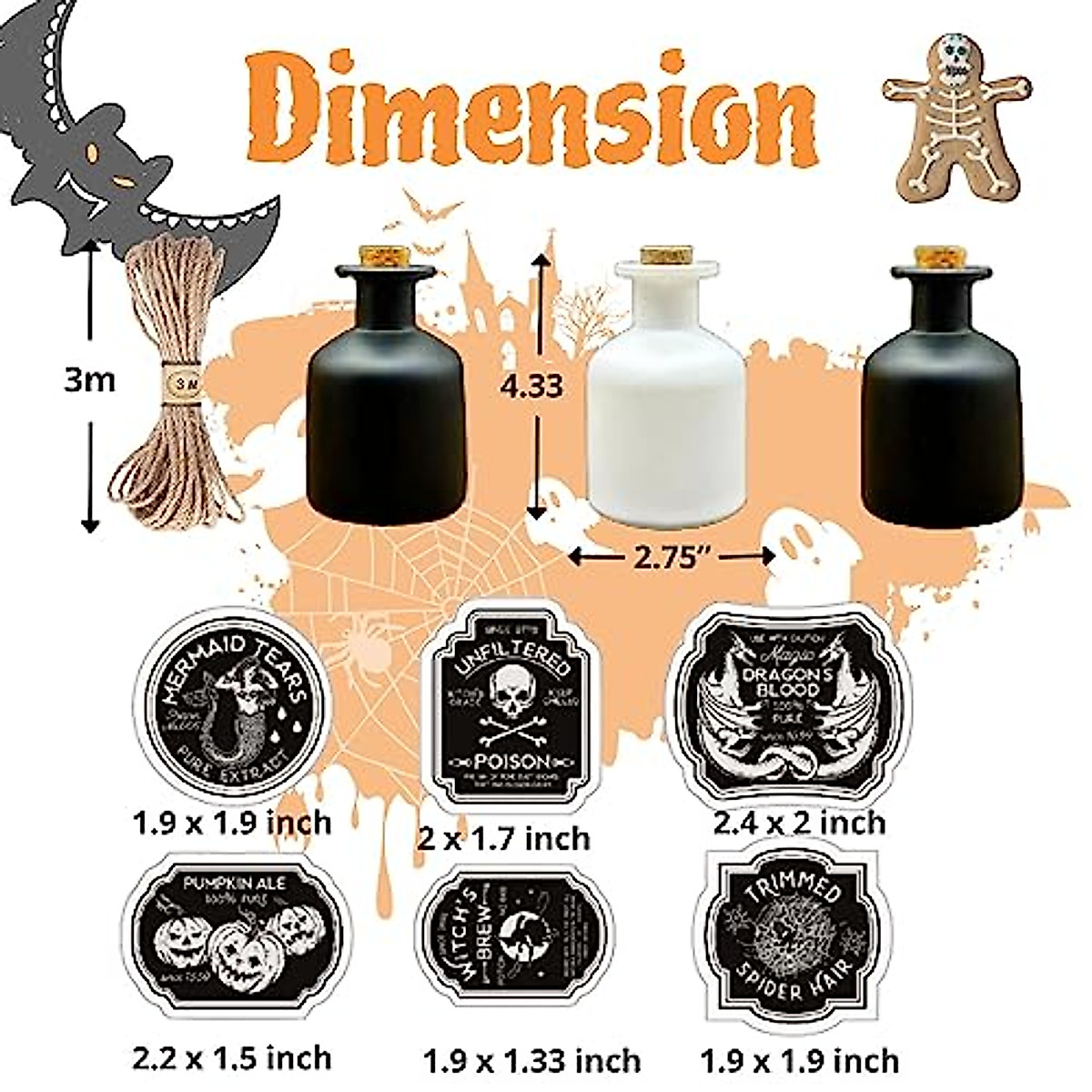 Halloween Decorations Indoor - Halloween Tiered Tray Decor - 3 pcs Glass Potion Bottles with 6pcs Stickers - Black and White Apothecary Bottles - Halloween Decorations for Party Home Table Kitchen