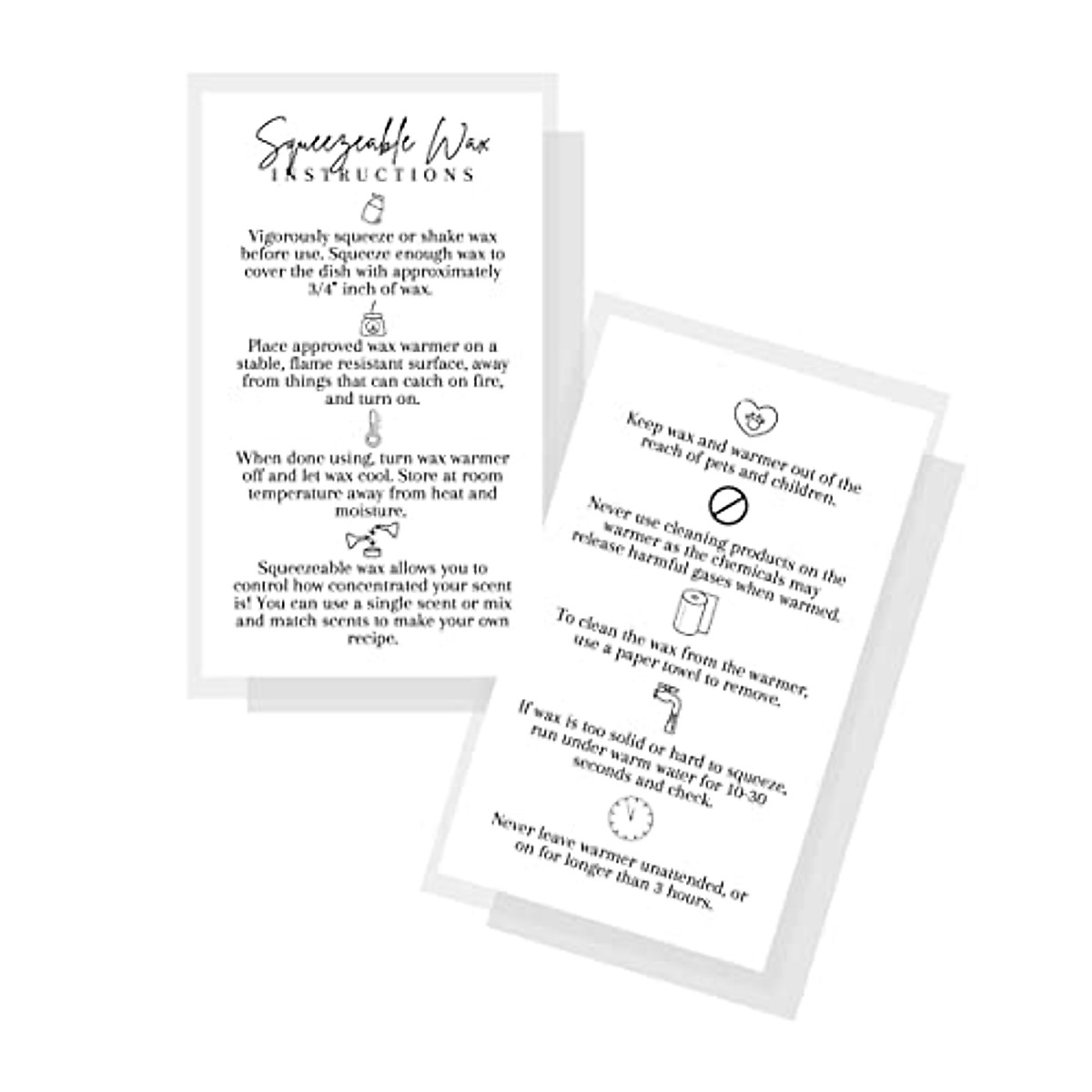 Squeezable Wax Instruction Care Cards Business Cards for Customers | 50 pk | How to Care for and use Your squeezable Scented Aroma Wax 2 x 3.5” in Meltable Wax for Plastic Squeeze Soft Tube Pouches