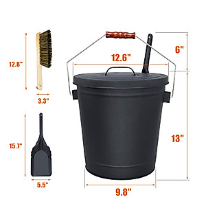 Grisun Ash Bucket with Lid, Shovel and Hand Broom, 5.2 Gallon Coal Bucket for Fireplace, Charcoal Wood Fire Pits, Burning Stoves, Large Pail Pellet Metal Buckets Ash Can, for Indoor and Outdoor