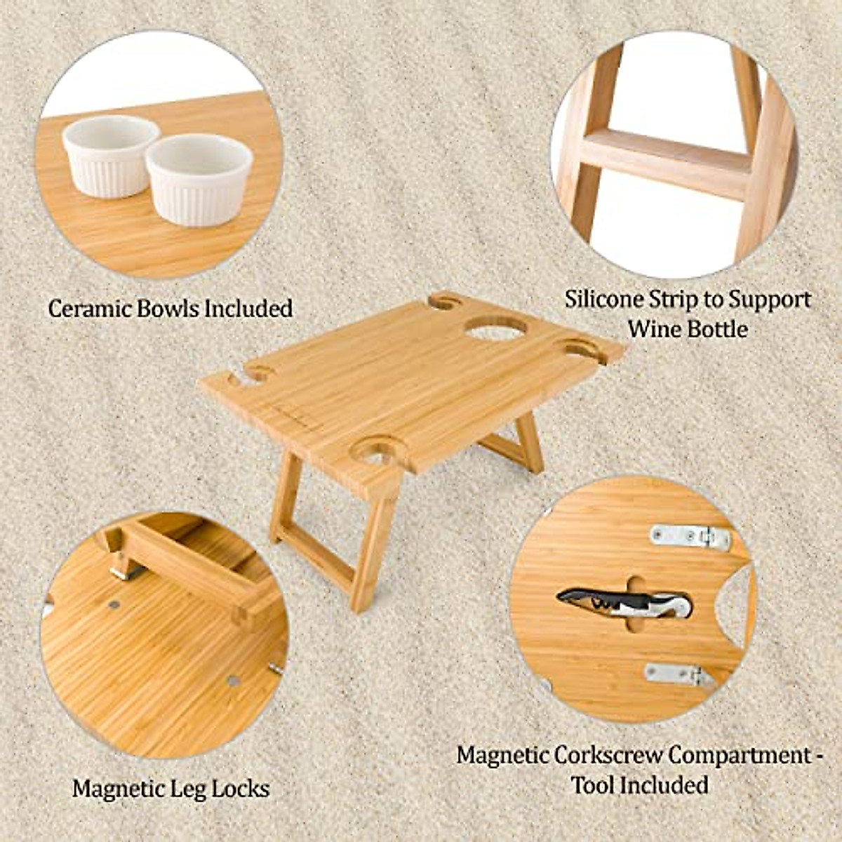 Travelino Portable Wine Picnic Table, Foldable Outdoor Charcuterie Table and Wine Glass Holder, Ceramic Bowl & Corkscrew & Carry Bag, Perfect for Gifts and All Seasons