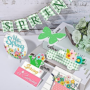 12 PCS Spring Tiered Tray Decor Set Flowers Mini Wood Signs Hello Spring Wooden Table Signs Flowers Butterfly Truck Wood Decors with Holder for Spring Party Supplies Home Table Centerpieces