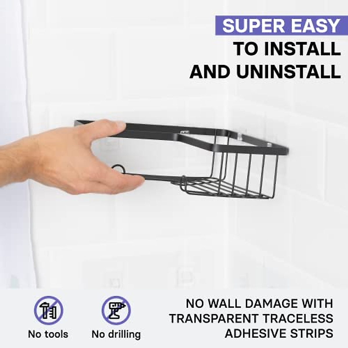 KINCMAX Corner Shower Caddy, Rustproof SUS304 Stainless Steel, Adhesive Wall Mount Double Baskets 2-pack with Built-in Hooks (Matte Black)