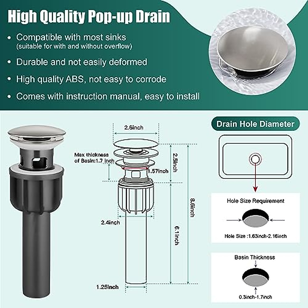 Heyalan Brushed Nickel Bathroom Faucet Single Handle 1 Hole SUS304 Stainless Steel Deck Mount Lavatory Single Switch Basin Sink Hot and Cold Water Mixer Tap with Pop Up Drain