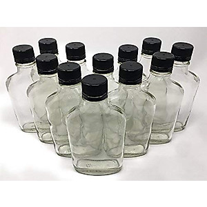 200 ml (6.6 oz) Glass Flask Liquor Bottle with Black Caps (12 Pack)