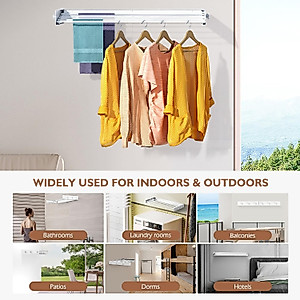 Wall Mounted Drying Rack 31.5", Upgrade 6 Knob Hooks, 5 Aluminum Poles, 40 lb. Load Capacity, Foldable, Retractable, Space Saving Clothes Drying Rack (31.5" White)