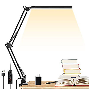 ENOCH LED Desk Lamp, 14W Eye-Caring Metal Swing Arm Desk Lamp with Clamp, 3 Modes, 30 Brightness Dimmable Clamp Desk Light with Memory Function/USB Adapter, Architect Table Desk Lamps for Home Office