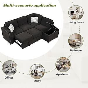 P PURLOVE Pull-Out Sleeper Sofa Bed, L-Shaped Corner Sofa with Storage Chaise, USB Ports, Power Sockets and Cup Holder, Chenille Sectional Couch for Living Room, Bedroom, Study, Black