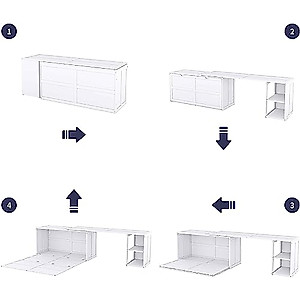 DNYN Queen Size Murphy Bed with Storage Shelves & Rotable Desk & Cabinet Design,Solid Wood Bedframe,Space Saving & No Box Spring Need,Perfect for Livingroom,Guestroom,Bedroom, White